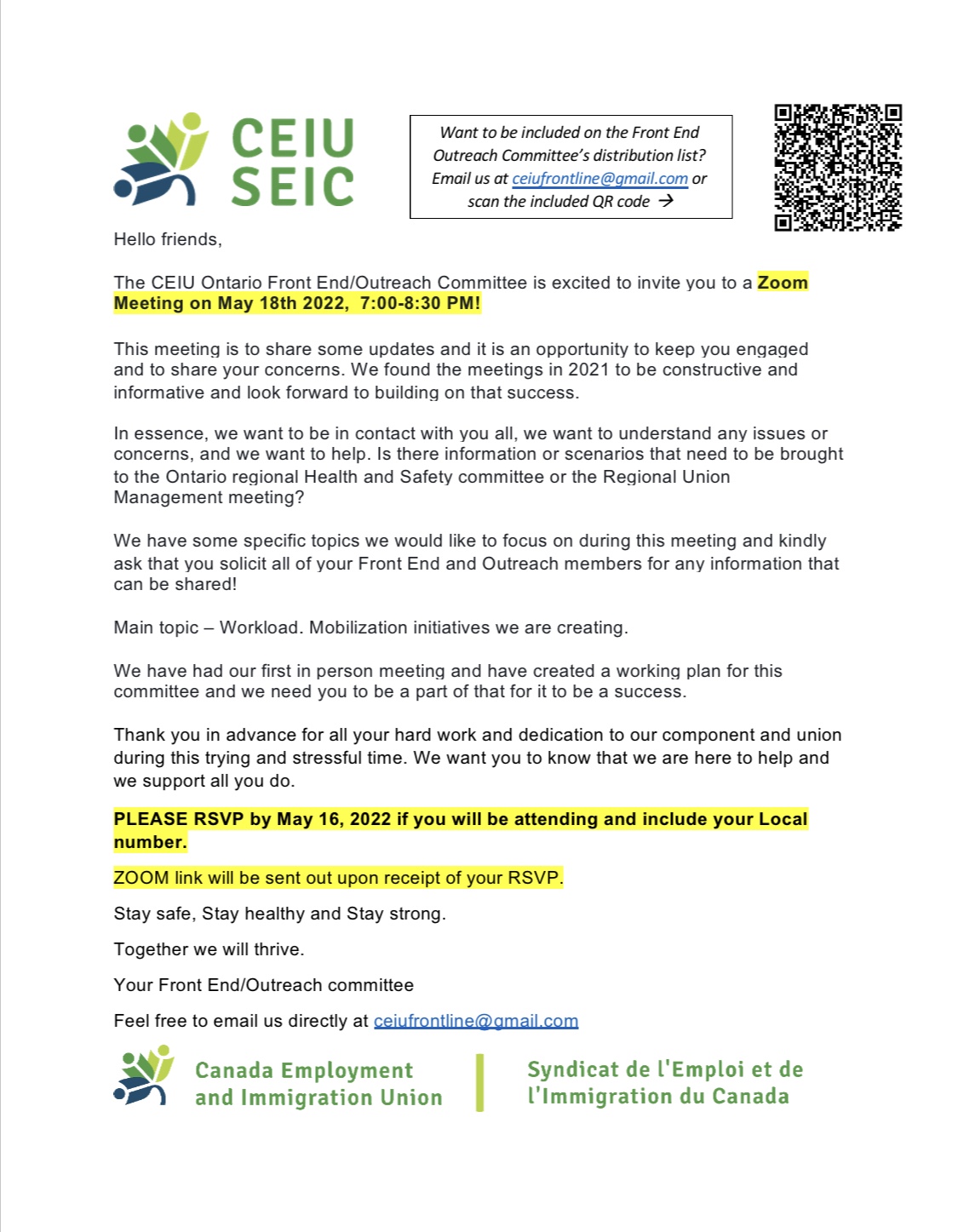 This is intended for CEIU Ontario members who work in the Front End ...